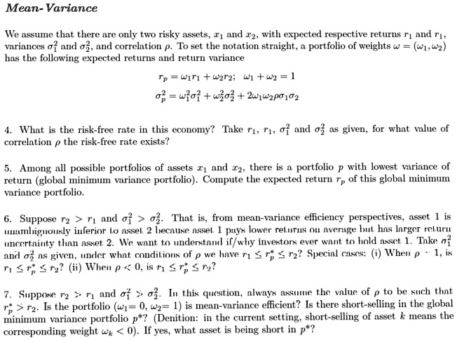 Mean-Variance We assume that there are only two risky assets, x1 and x2, with expected ...