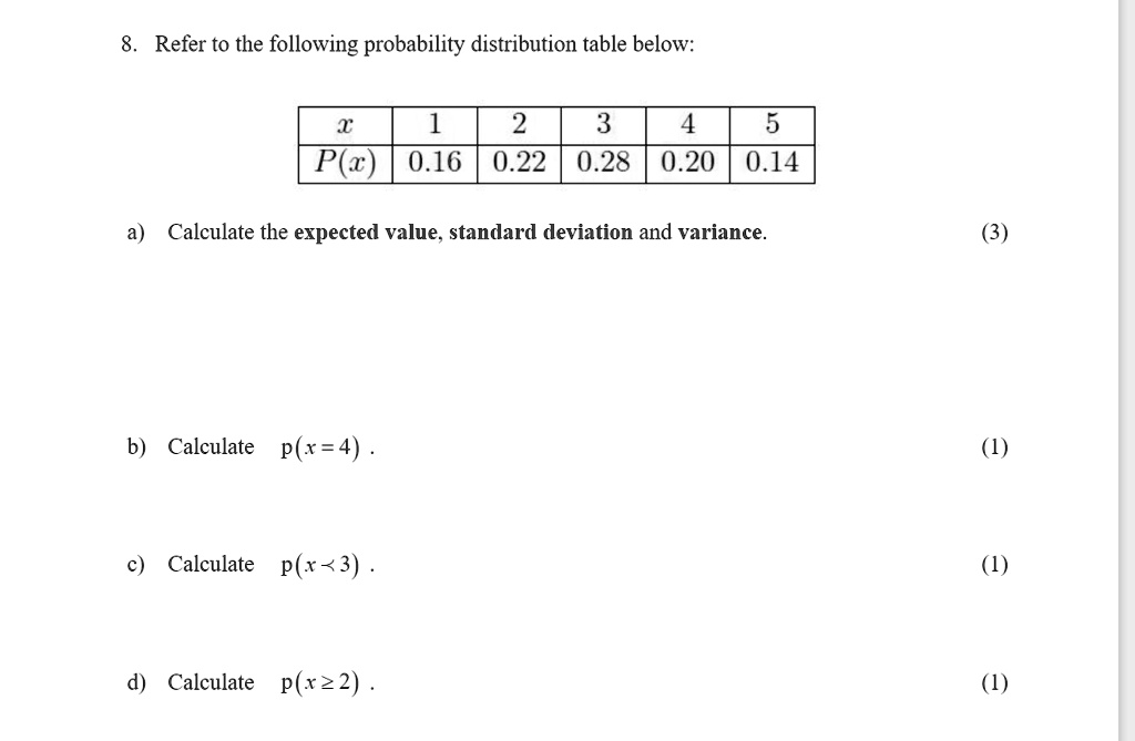 SOLVED: 8. Refer to the following probability distribution table below: x 1 2 3 4 5 P() 0.16 0. ...