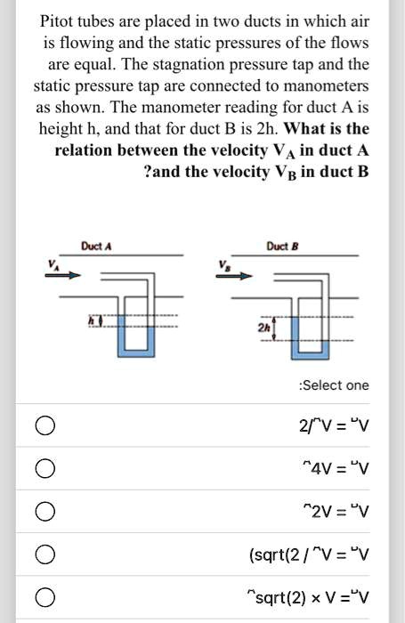 Pitot tubes are placed in two ducts in which air is flowing and the ...