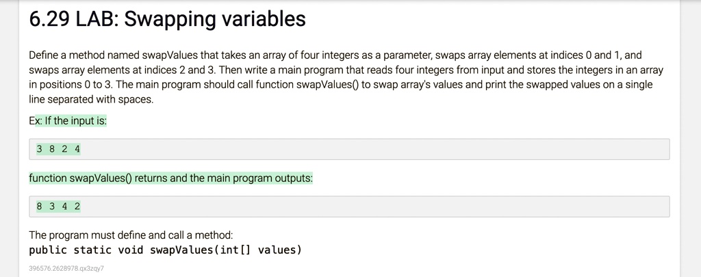 Java Please 629 Lab Swapping Variables Define A Method Named Swapvalues That Takes An Array Of