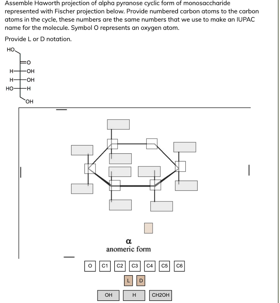 SOLVED: Assemble Haworth projection of alpha pyranose cyclic form of ...