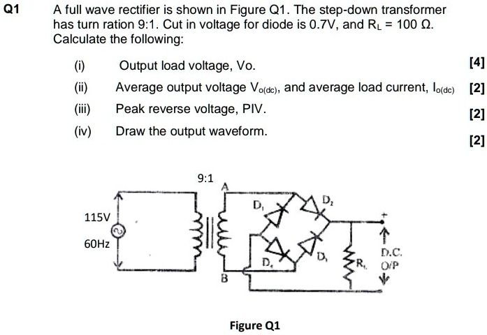 SOLVED: A full wave rectifier is shown in Figure Q1. The step-down transformer has a turn ratio ...