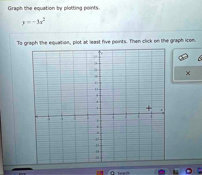Graph the equation by plotting points. y = -3x² To graph the equation, plot at least five points ...