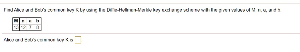 SOLVED: Find Alice and Bob's common key K by using the Diffie-Hellman ...