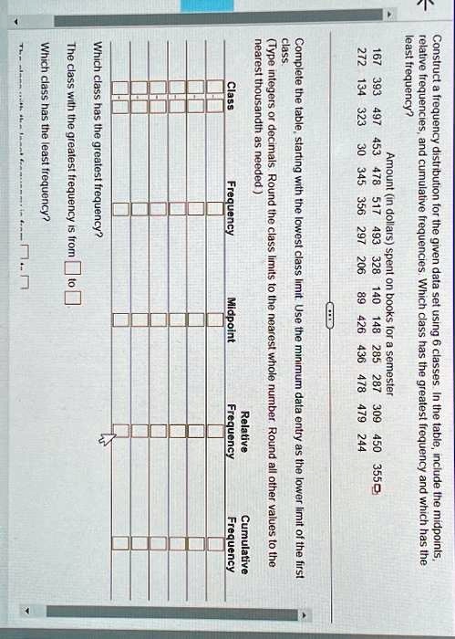 SOLVED: = Construct a frequency distribution for the given data set using 6 classes. In the ...