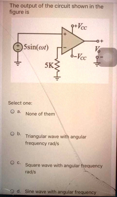 The output of the circuit shown in the figure is +Vcc + +Vo 5sin(ωt ...