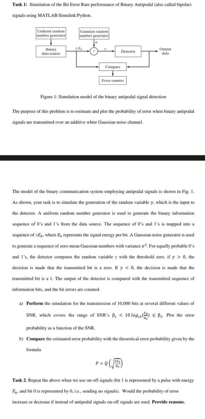 Solved Task 1 Simulation Of The Bit Error Rate Performance Of Binary Antipodal Also Called