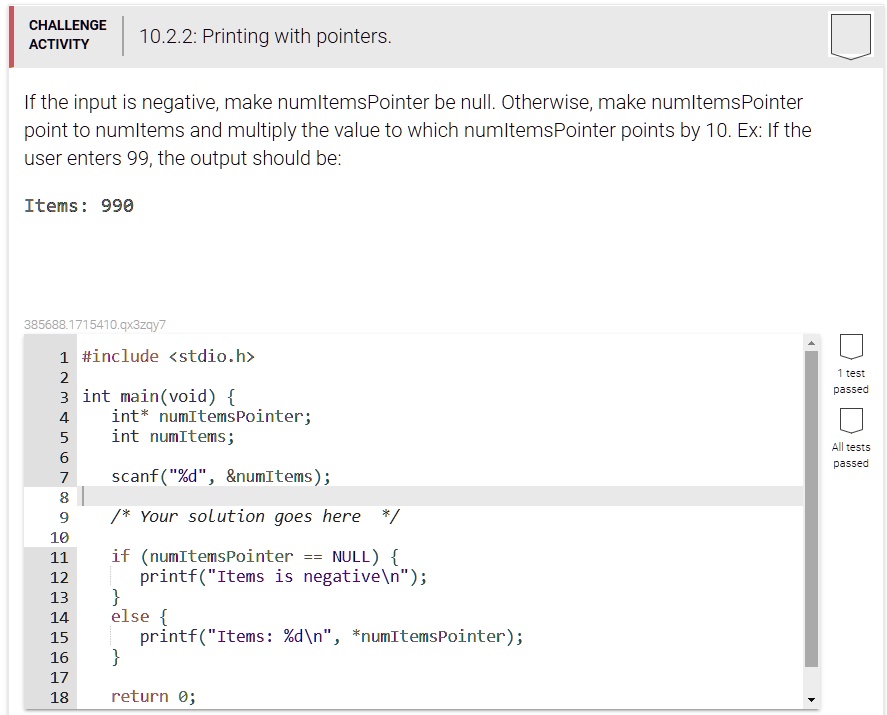 CHALLENGE ACTIVITY 10.2.2: Printing with pointers. If the input is negative, make ...
