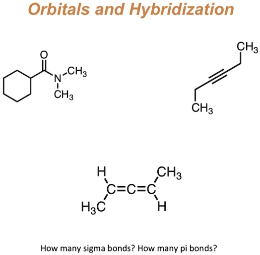 SOLVED: Orbitals and Hybridization CH3NCH3 CH3 CH3C=C-CH3 How many ...
