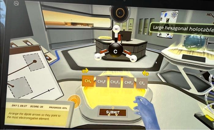 DAY 1, 08:37 SCORE: 30 PROGRESS: 45% Arrange the dipole arrows so they ...