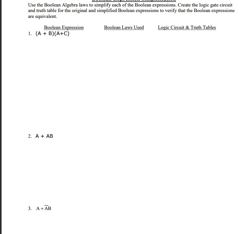Use The Boolean Algebra Laws To Simplify Each Of The Boolean Expressions Create The Logic Gate