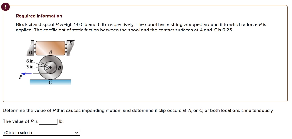 SOLVED: Required information: Block A and spool B weigh 13.0 lb and 6 ...