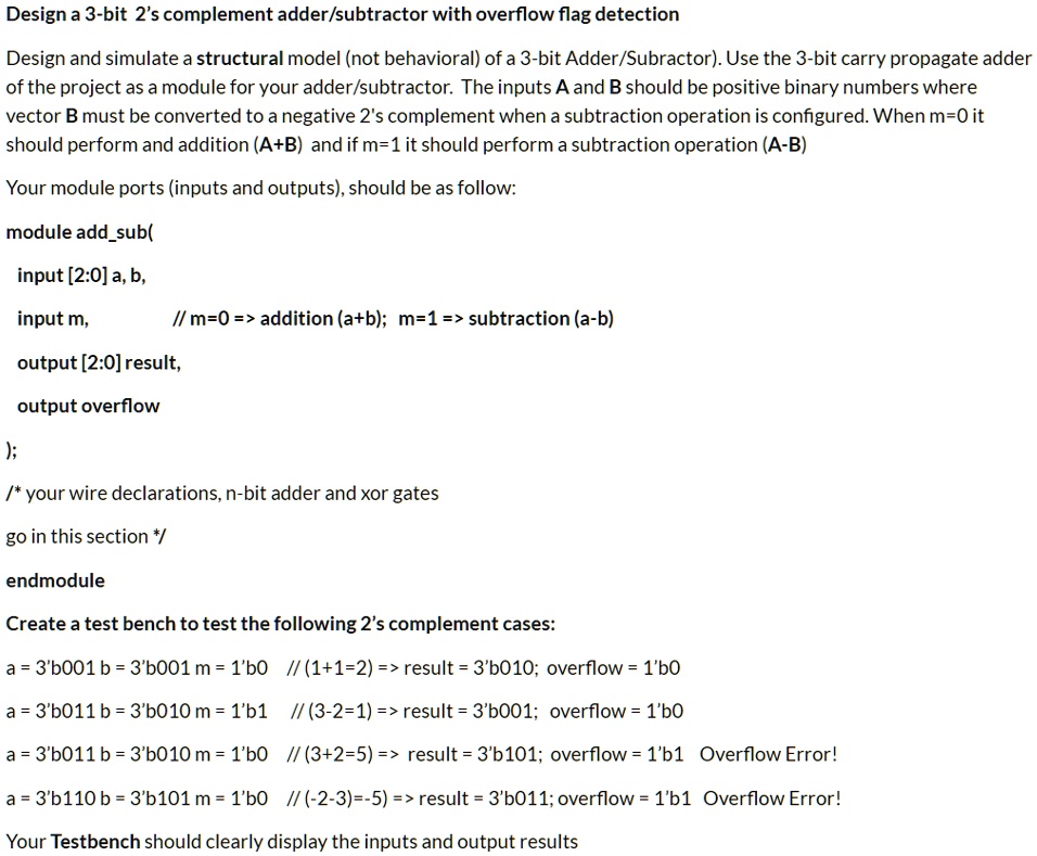 Solved In Verilog Design A 3 Bit 2s Complement Addersubtractor With Overflow Flag Detection