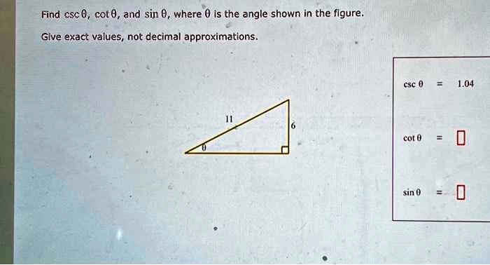 SOLVED: Texts: Find csc, cot θ, and sin θ where θ is the angle shown in the figure. Give exact ...