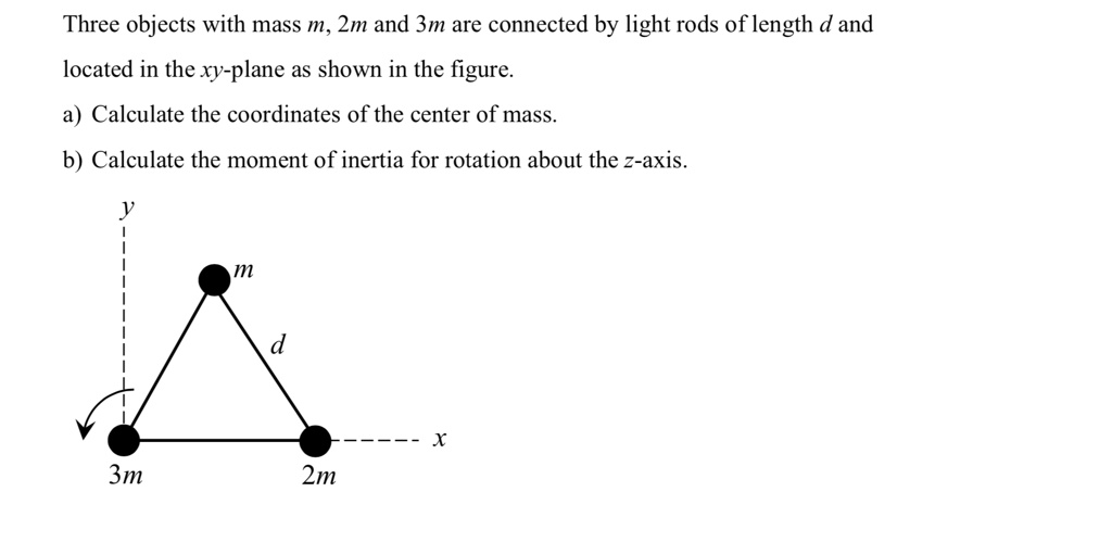 three objects with mass m 2m and 3m are connected by light rods of length d and located in the ...
