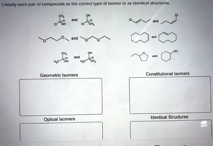 SOLVED: Classify each pair of compounds as the correct type of Isomer ...
