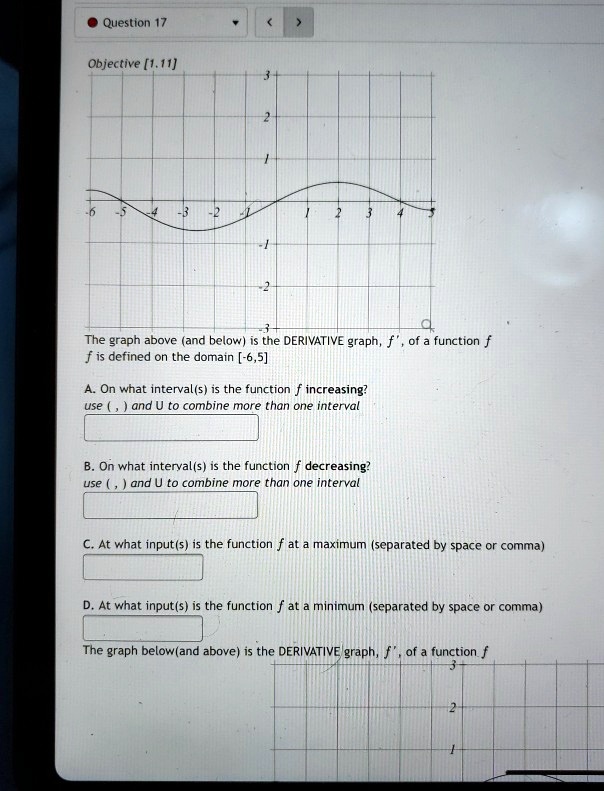 SOLVED: Question 17 Objective [1.11] The graph above (and below the DERIVATIVE graph _ f is ...