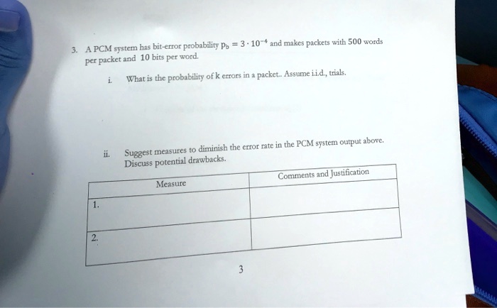 SOLVED: A PCM system has a bit-error probability Pb = 3*10^-10 and makes packets with 500 words ...