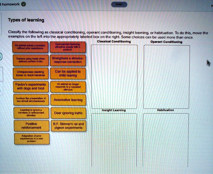 SOLVED: homework Types Of learning Classify the following as classical ...