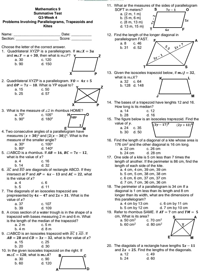 what ar the measures the sides of parallelogram soft in meters 2m ...