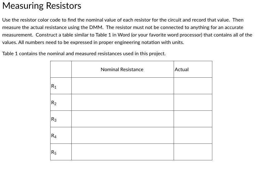 Measuring Resistors Use the resistor color code to find the nominal ...