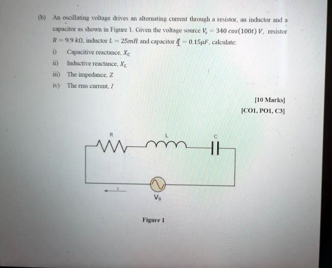 (b) An oscillating voltage drives an alternating current through a resistor, an inductor and a ...