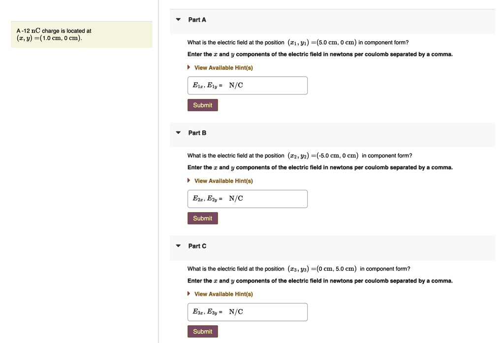 a 12nc charge is located at xy10cm0cm part a what is the electric field ...