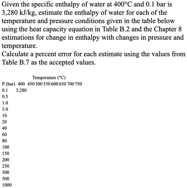 SOLVED: Given the specific enthalpy of water at 40Â°C and 0.1 bar is ...
