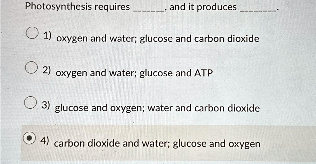 SOLVED: Photosynthesis requires , and it produces oxygen and water; glucose and carbon dioxide ...