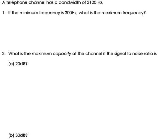A telephone channel has a bandwidth of 3100 Hz. 1. If the minimum ...