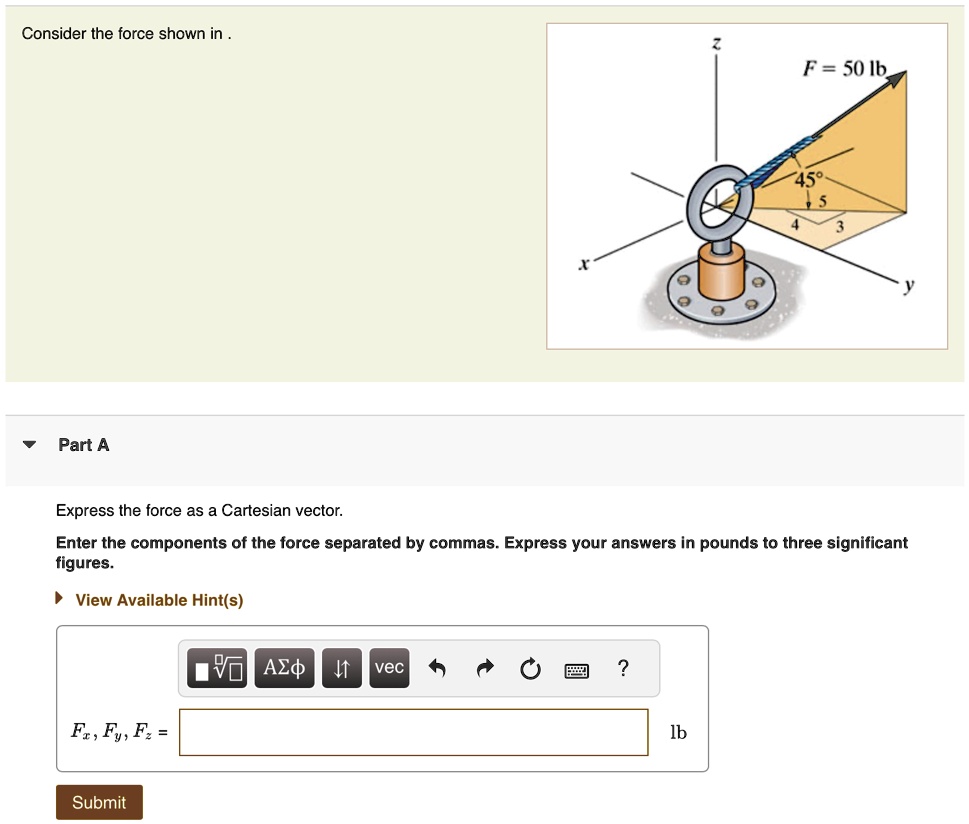 SOLVED: Consider the force shown in. Z F = 50 lb 45 5 Part A Express ...