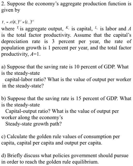 Suppose the economy's aggregate production function is given by Y = AK ...