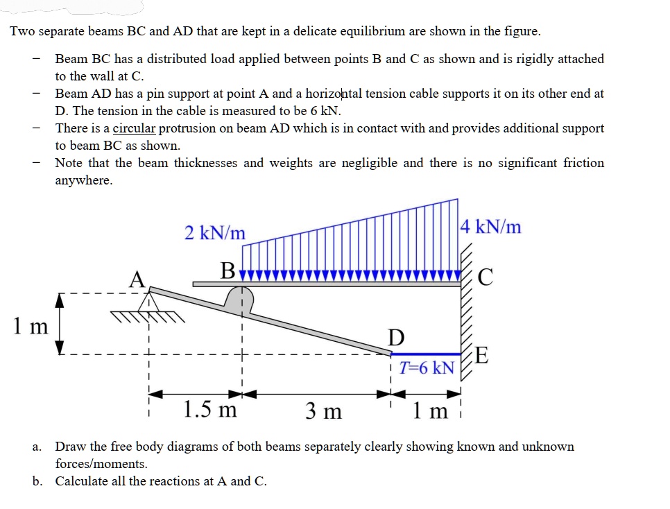 Two separate beams BC and AD that are kept in a delicate equilibrium are shown in the figure ...