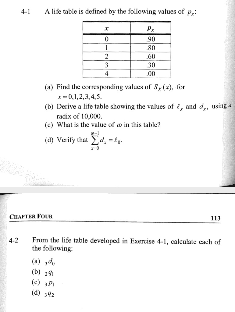 4 1 a life table is defined by the following values of pr px 90 80 60 ...