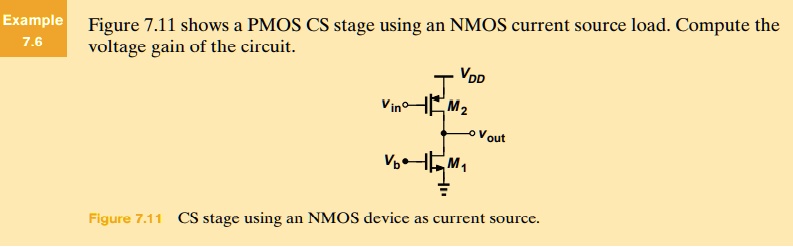 Figure 7.11 shows a PMOS CS stage using an NMOS current source load. Compute the voltage gain of ...