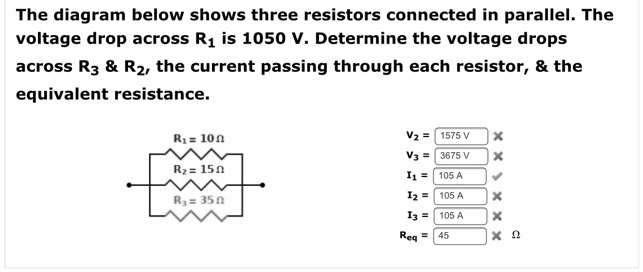 The diagram below shows three resistors connected in parallel. The voltage drop across R? is ...