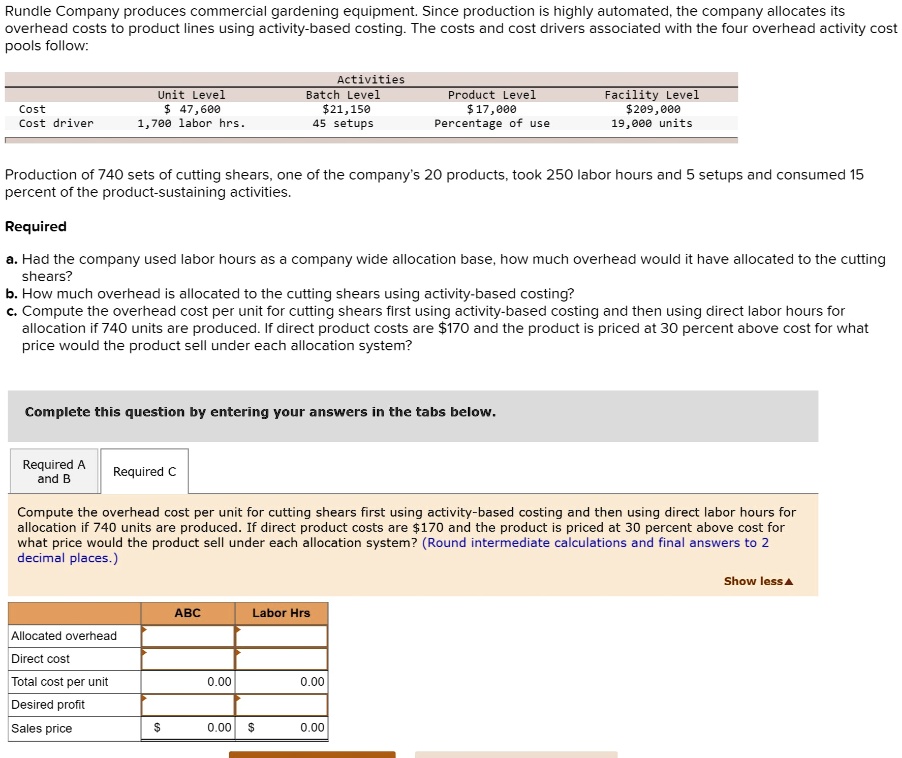 SOLVED: overhead costs to product lines using activity-based costing ...