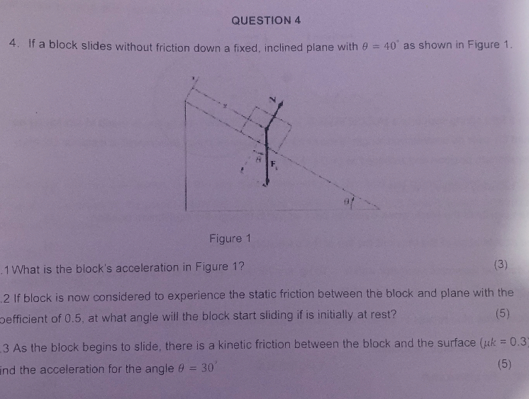QUESTION 4 4. If a block slides without friction down a fixed, inclined plane with θ=40^∘ as ...