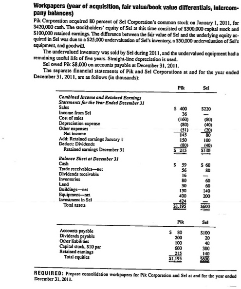 workpapers year of acquisitionfair valuebook value ...