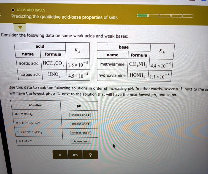 SOLVED: ACIDS AND BASES Predicting the qualitative acid-base properties of salts Consider the ...