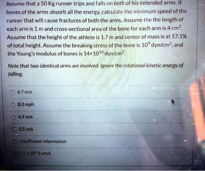 SOLVED: Assume that a 50 kg runner trips and falls on both of his ...