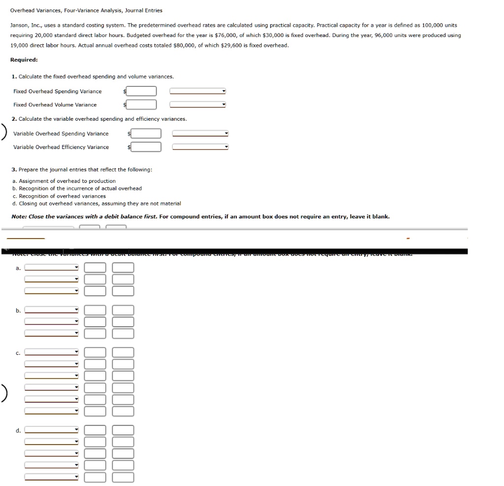 Overhead Variances, Four-Variance Analysis, Journal Entries Janson, Inc ...