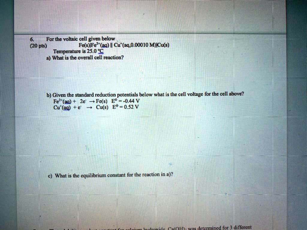 SOLVED:For the voltaic ccll givcn below (20 pts) Fe(s)Fe?t(aa) I| Cut ...