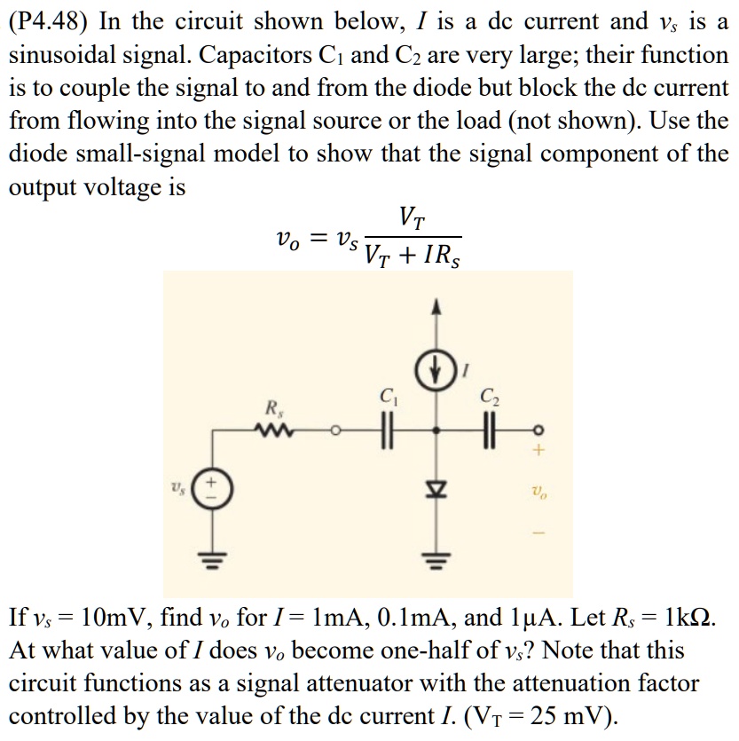 p448 in the circuit shown below i is a dc current and vs is a sinusoidal signal capacitors ci ...