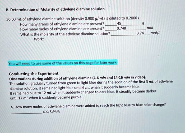 SOLVED:B. Determination of Molarity of ethylene diamine solution 50.00 ...