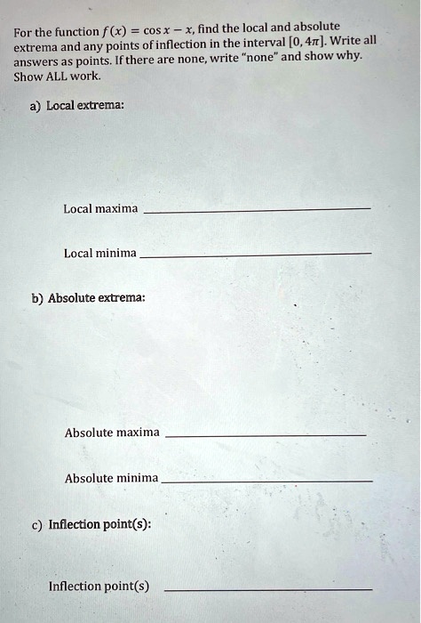 SOLVED:For the function f (x) cosx - x, find the local and absolute extrema and any points of ...