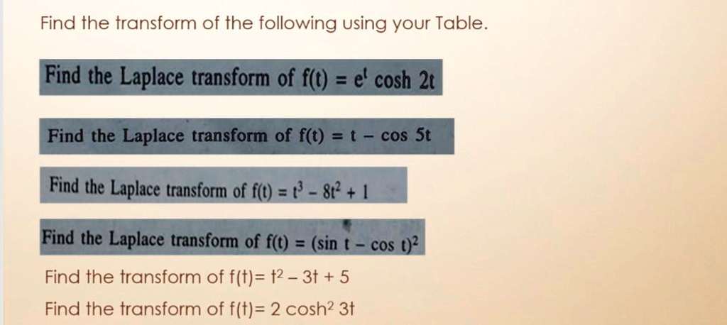 SOLVED:Find the transform of the following using your Table_ Find the Laplace transform of f ...
