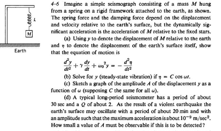 4-6 Imagine a simple seismograph consisting of mass M hung from a ...