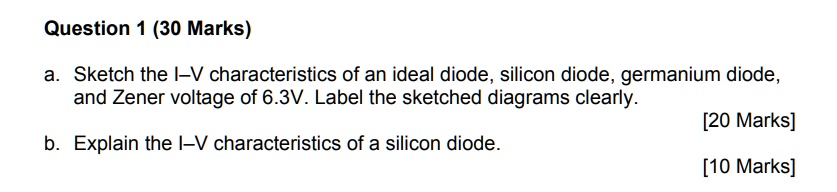 SOLVED: Question 1 (30 Marks) a. Sketch the I-V characteristics of an ideal diode, silicon diode ...