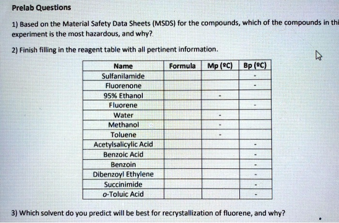 SOLVED: Prelab Questions 1) Based on the Material Safety Data Sheets ...